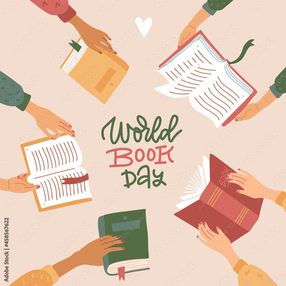 World book day square banner with hand drawn lettering text. Many ...