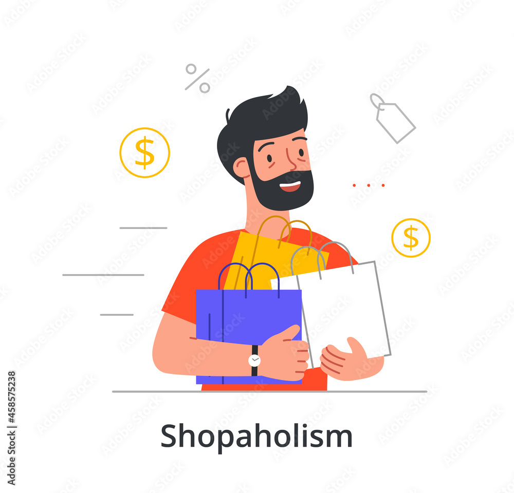 Cheerful bearded male character is suffering from shopoholism on white ...