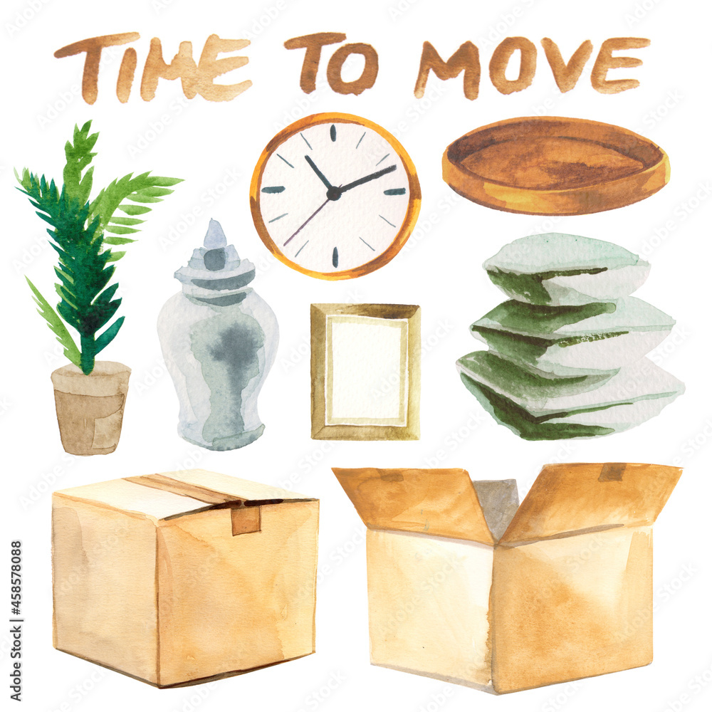 Watercolor moving carton boxes for transportation of home interior ...