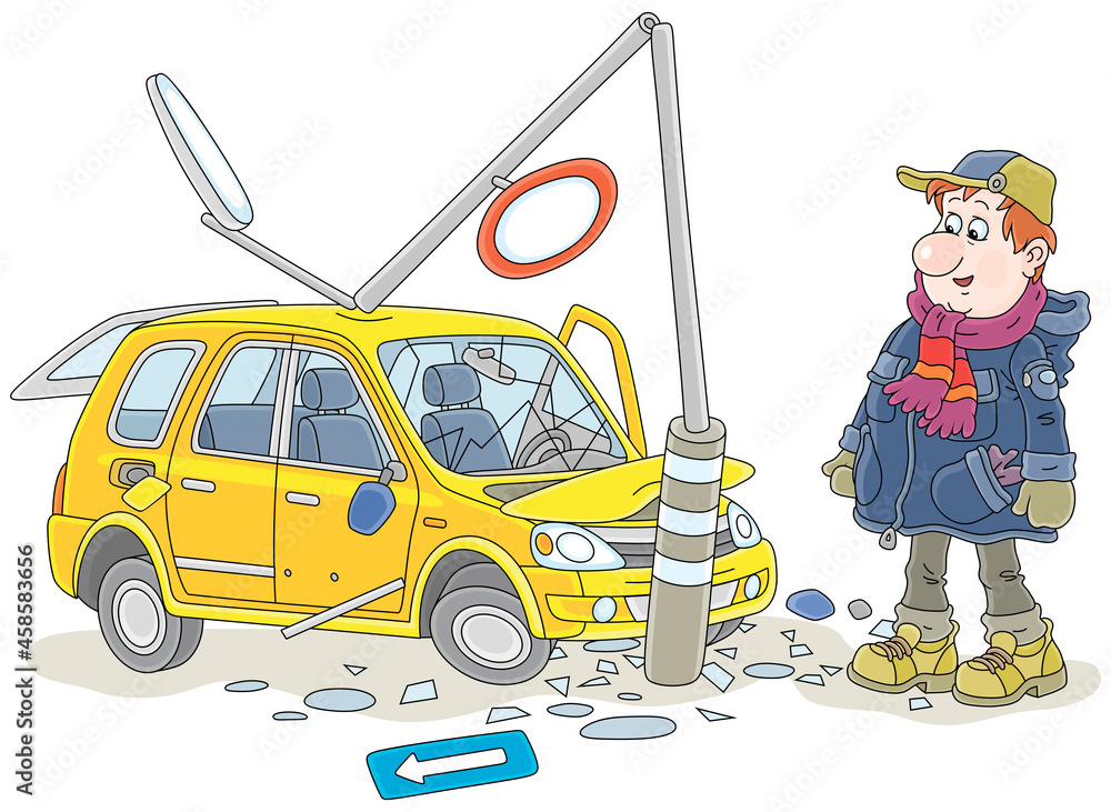 Funny sad man with his yellow car crashed into a lamppost on a road ...