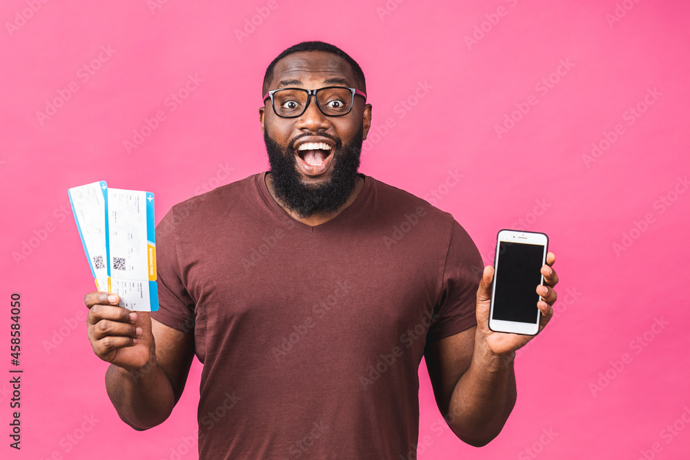 Young African american black Man Holding Boarding Pass tickets isolated ...