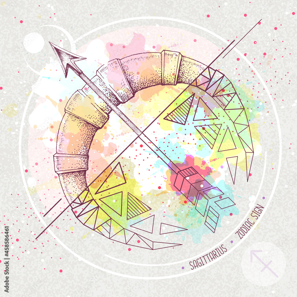 Realistic hand drawing and polygonal bow and arrow illustration on ...