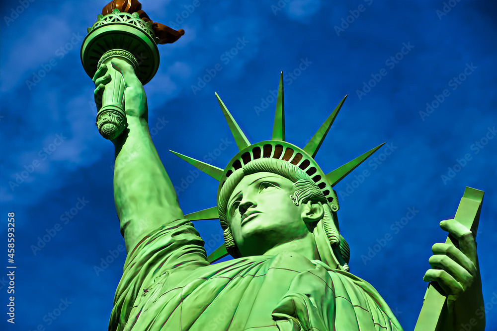The Statue of Liberty.Blue sky panoramic background with copy space ...