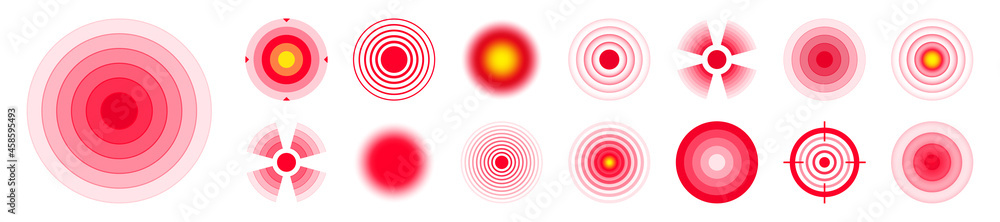 Pain localization marks. Painful area, aching spot. Red circles ...