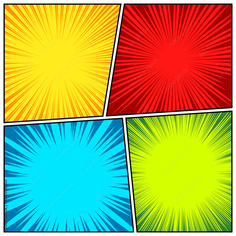 Comic book colorful radial lines collection. Cartoon comics background ...