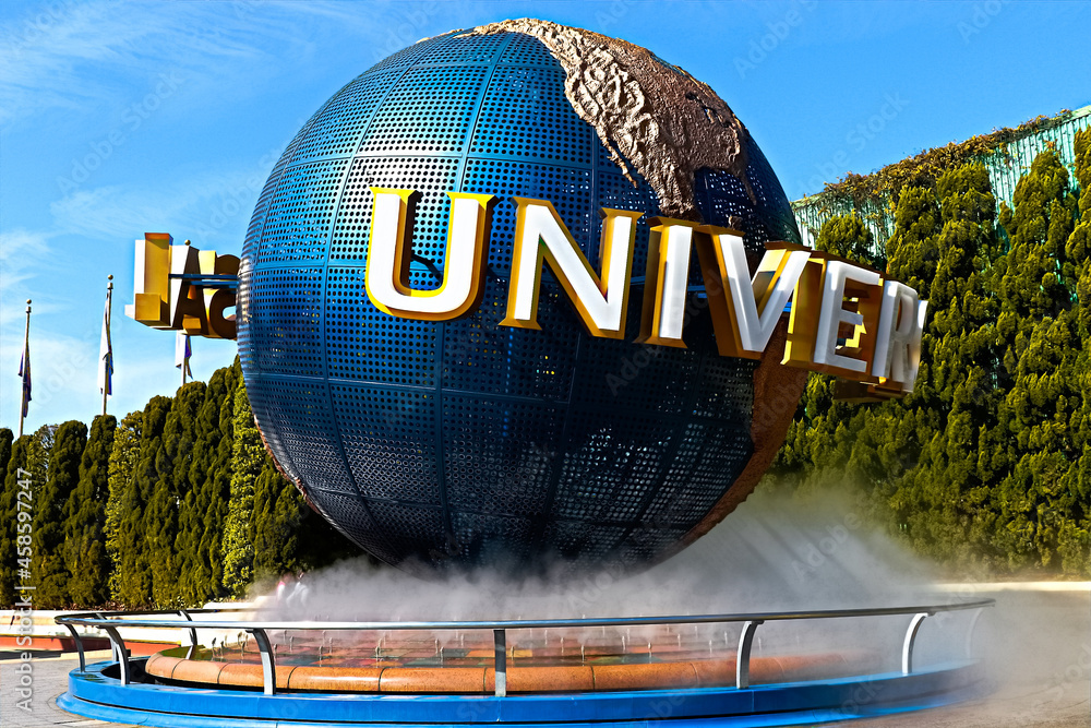 Osaka, Japan - Aug 8, 2018: The large rotating Universal logo globe ...