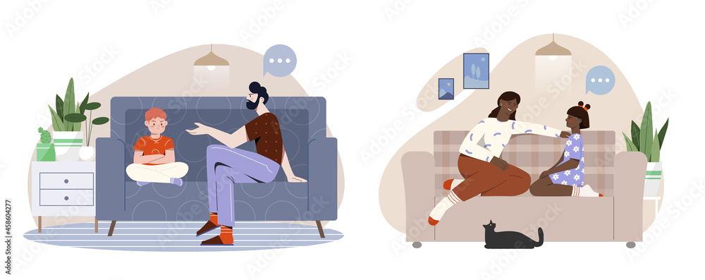 Set of scenes with children and parents talking on white background ...