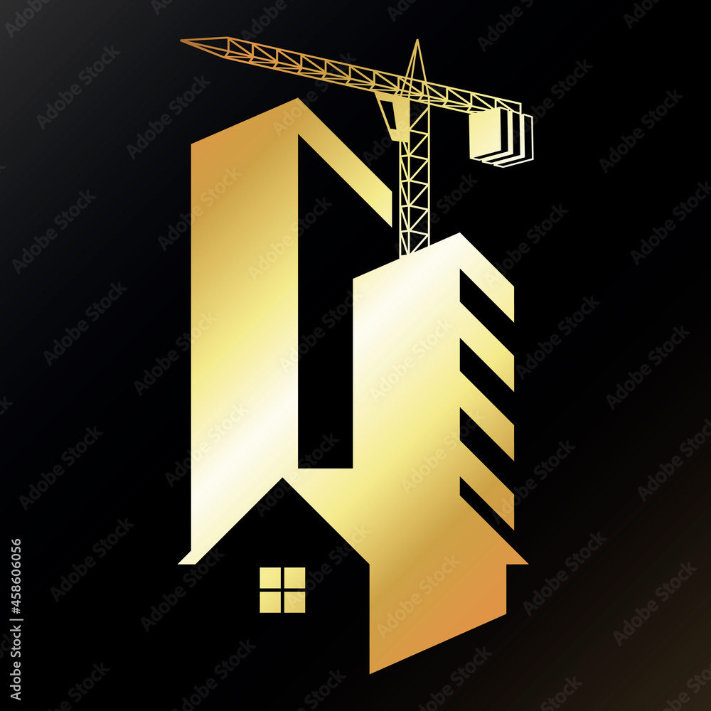 House and skyscrapers buildings and construction crane. Golden symbol ...