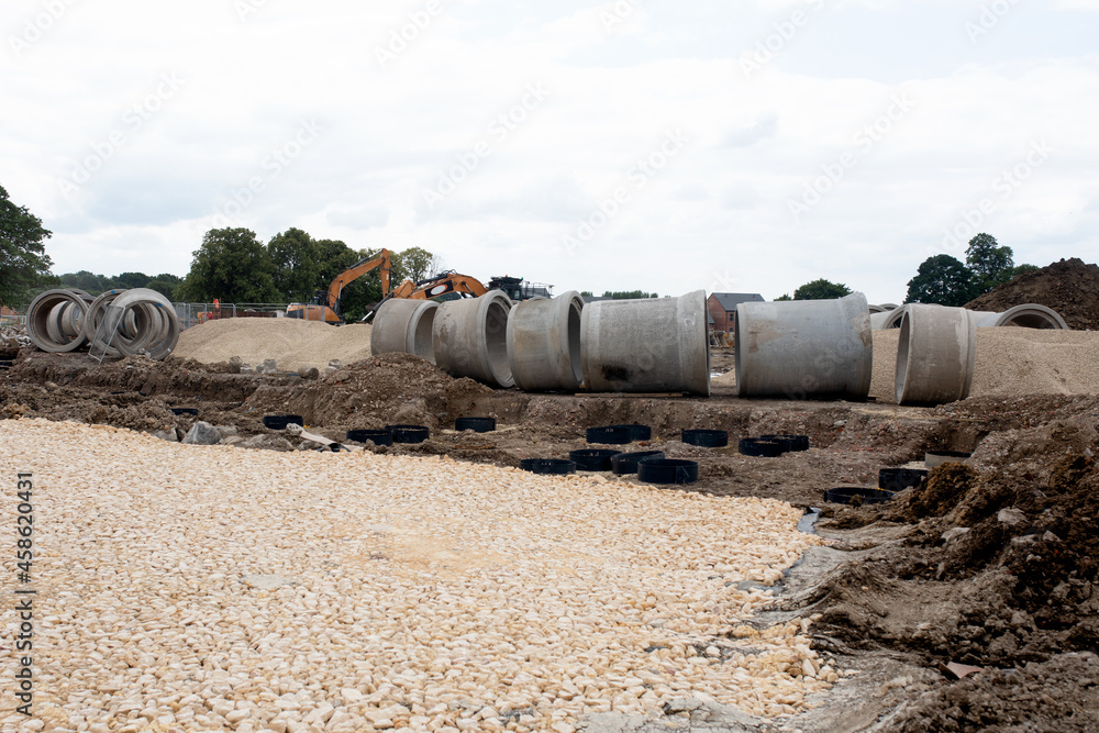 Big diameter concrete drainage pipe on new housing and road development ...