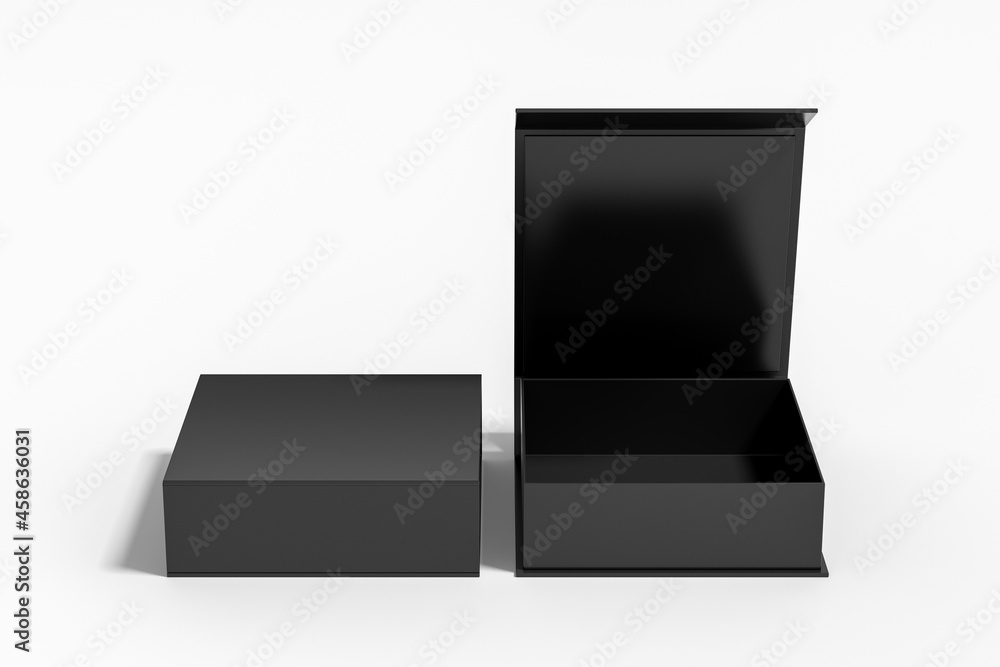 Black opened and closed square folding gift box mock up on white ...