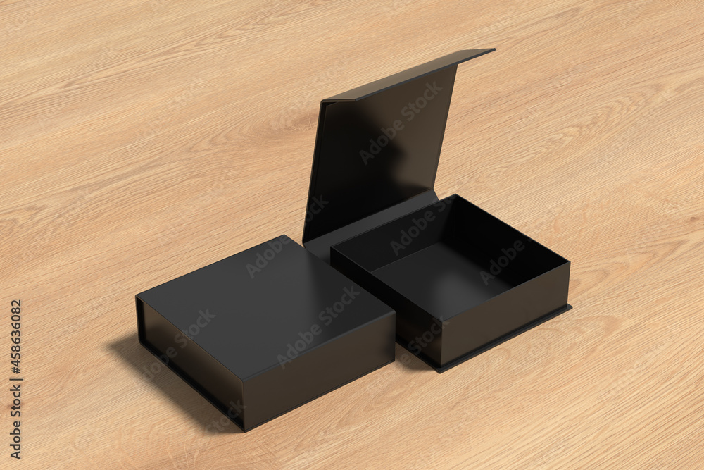 Black opened and closed square folding gift box mock up on wooden ...