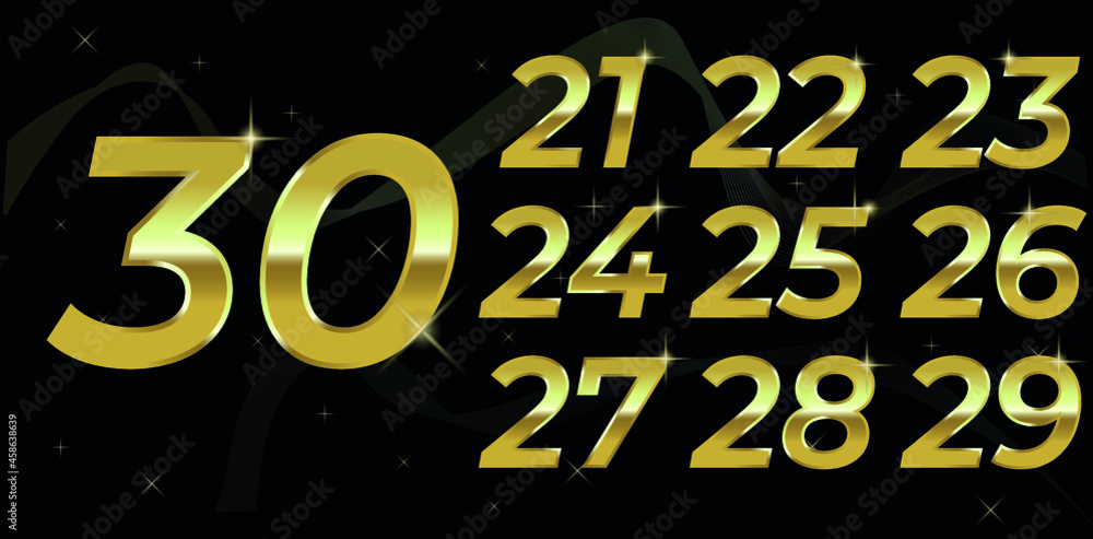 Set of vector gold numbers. 21,22,23,24,25,26,27,28,29,30 - gold ...
