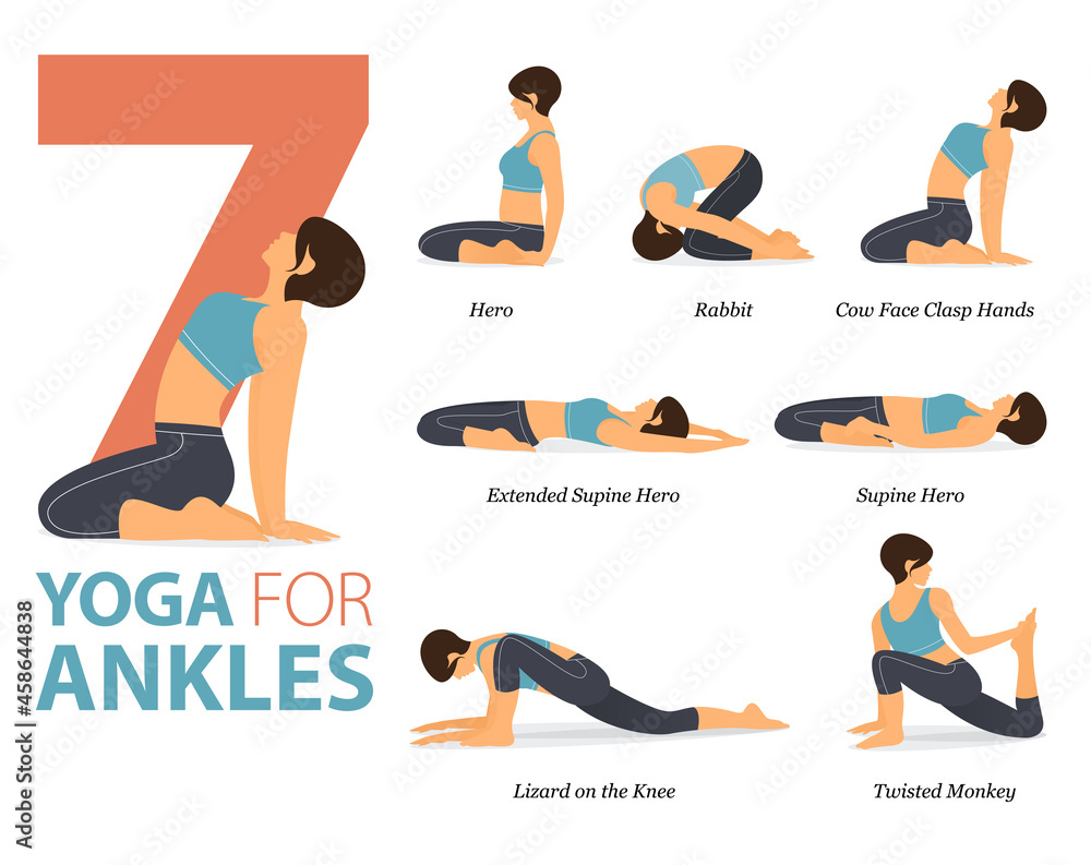 7 Yoga poses or asana posture for workout in ankle stretch concept ...