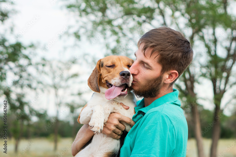 Handsome Young Man Huggs And Kisses Purebred Beagle With Tenderness In ...
