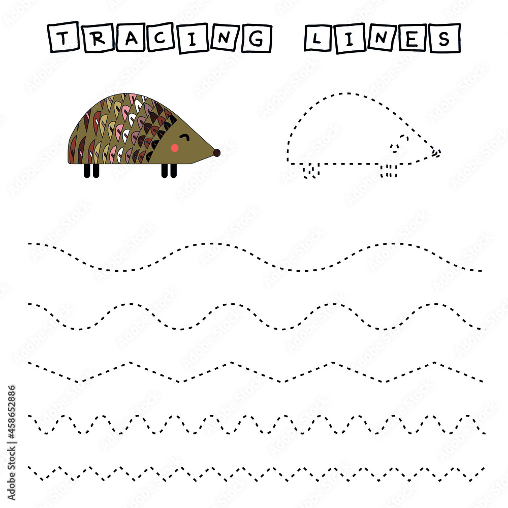 Trace line worksheet with animals hedgehog for kids, practicing fine ...