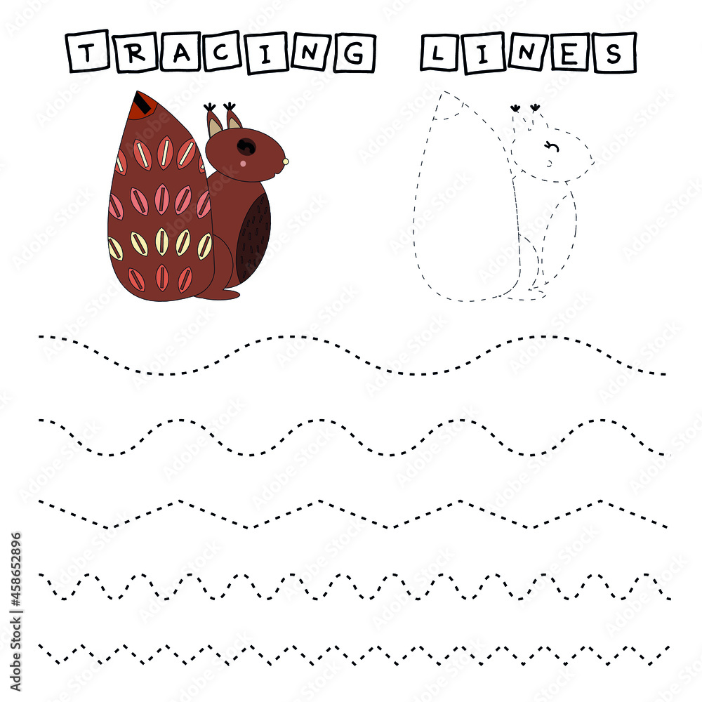 Trace line worksheet with animals squirrel for kids, practicing fine ...