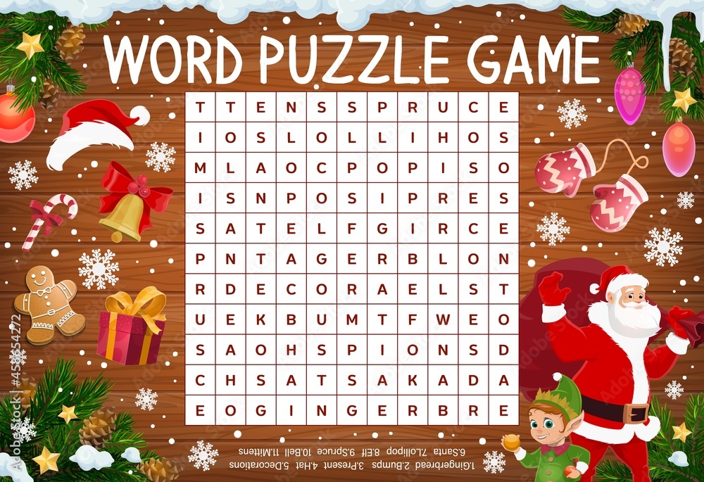 Merry Christmas word puzzle game worksheet. Word quiz or riddle with ...