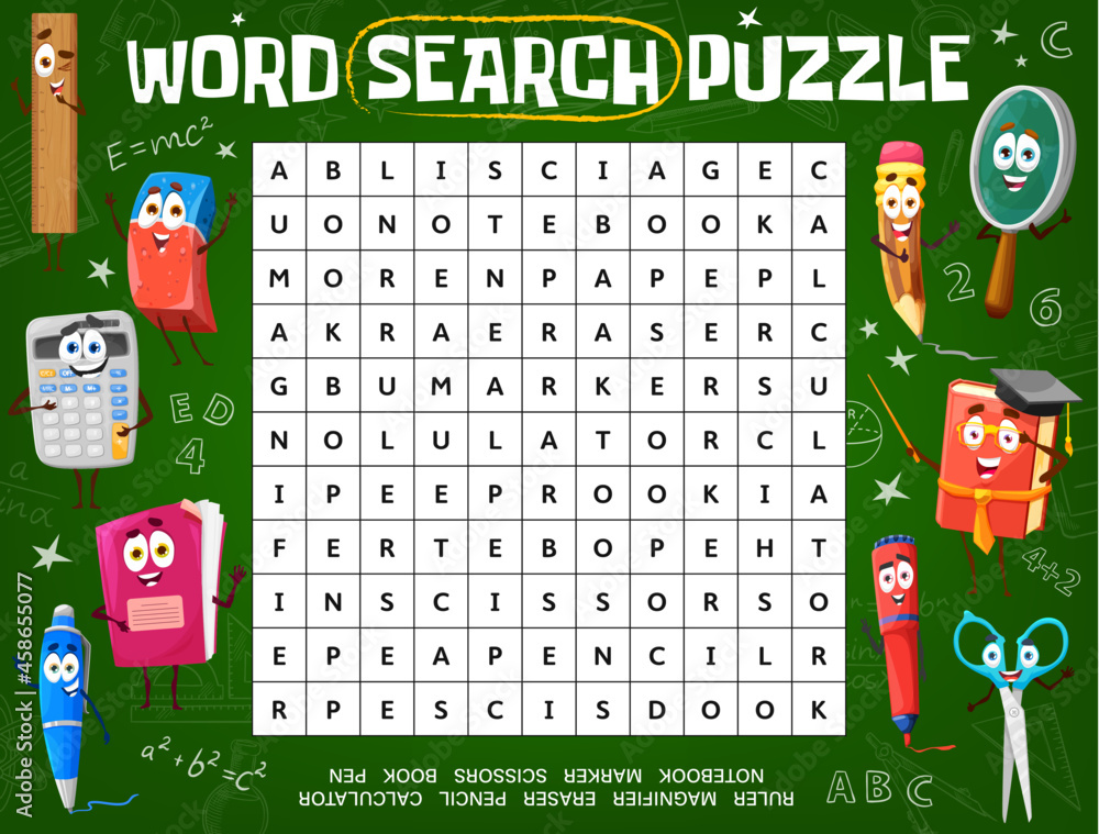 Word Puzzle Game Worksheet With Cartoon School Education Characters