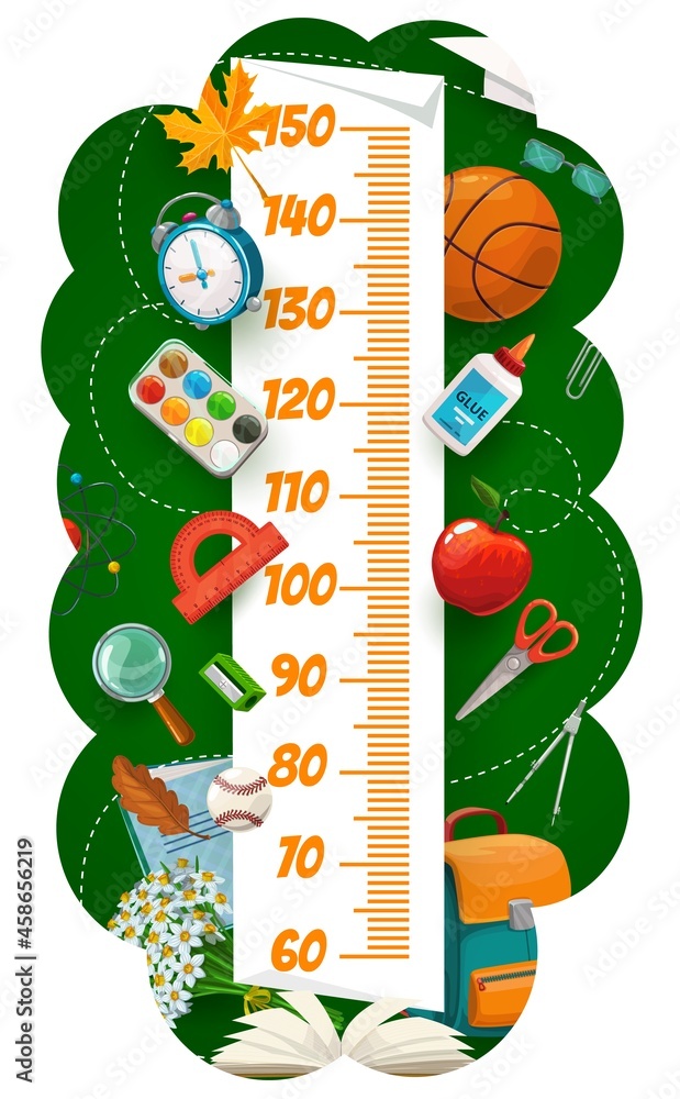 Kids Height Chart With School Book And Bag Stationery And Sport Items kids-height-chart-with-school-book-and-bag-stationery-and-sport-items