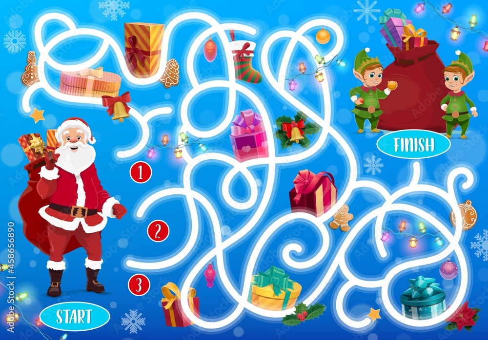 Kids Christmas maze with Santa and gifts. Child labyrinth game ...