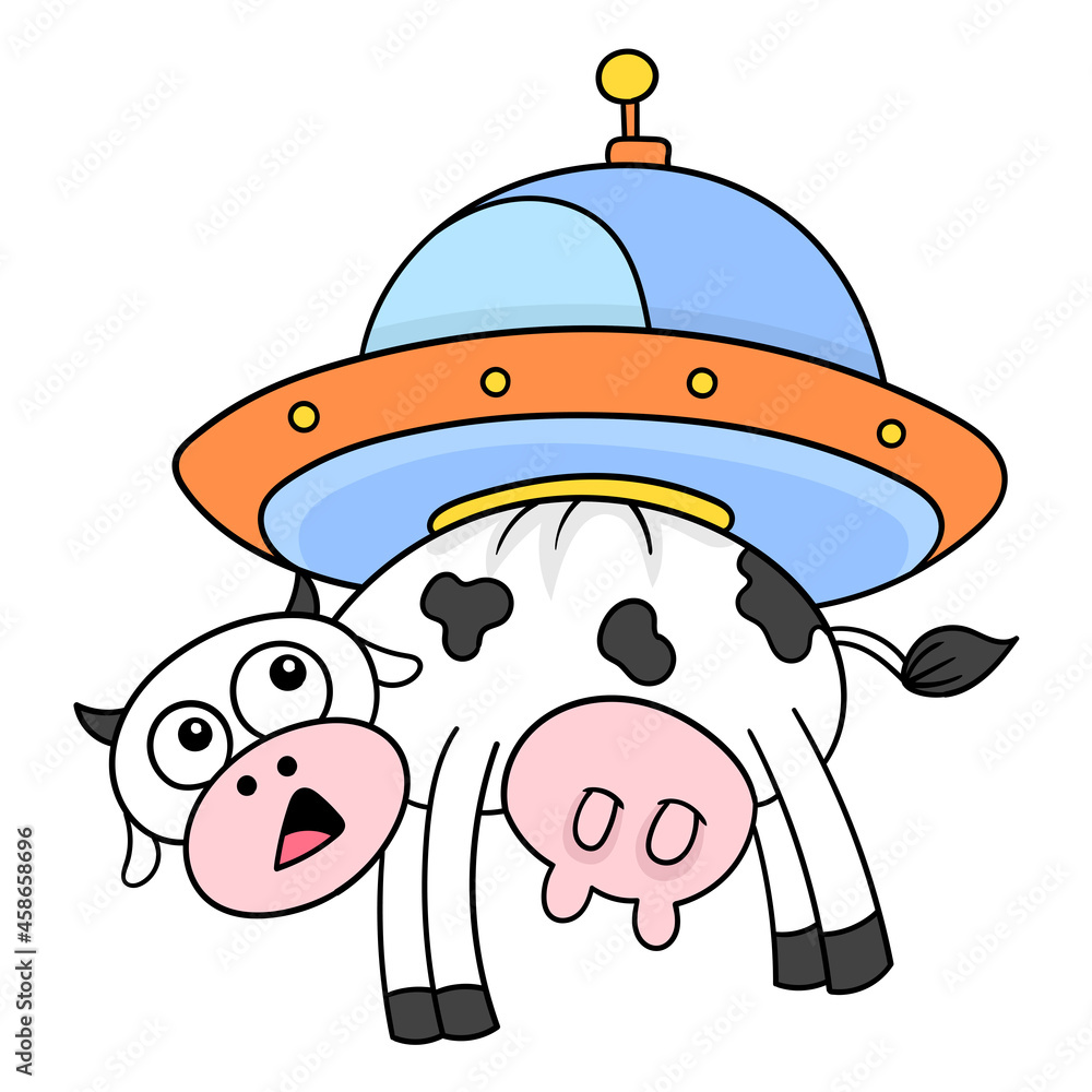 Cow flying into space carried by alien ufo, doodle icon image kawaii ...