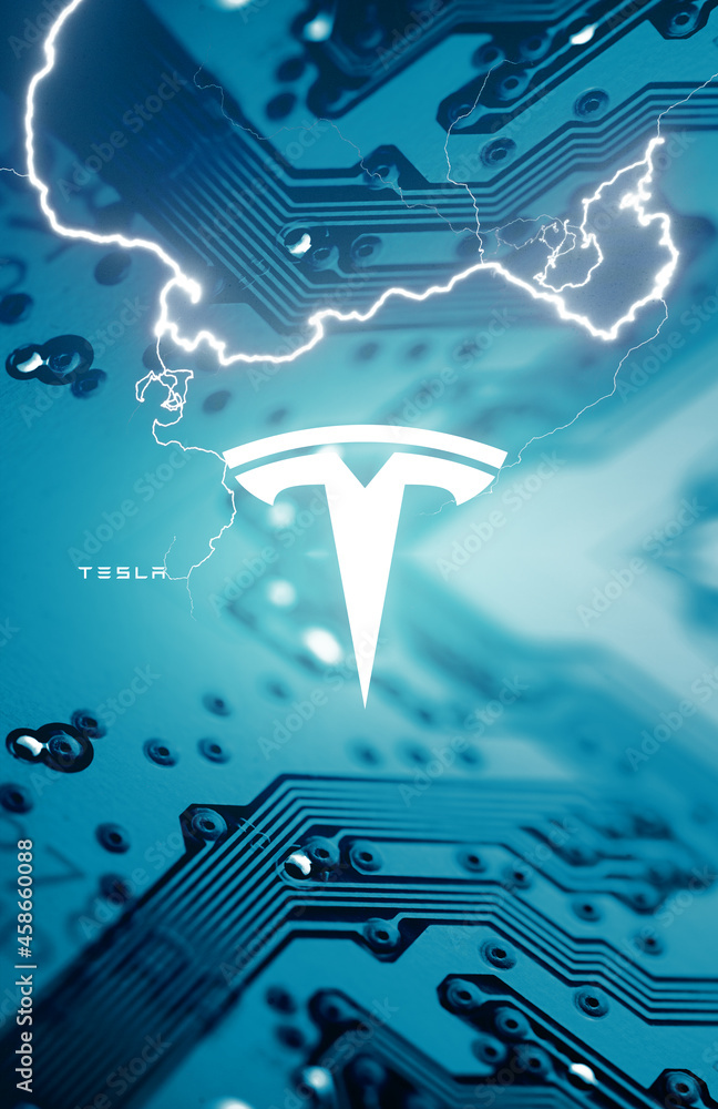 Tesla logo, multiple exposure combined with circuit board and power ...