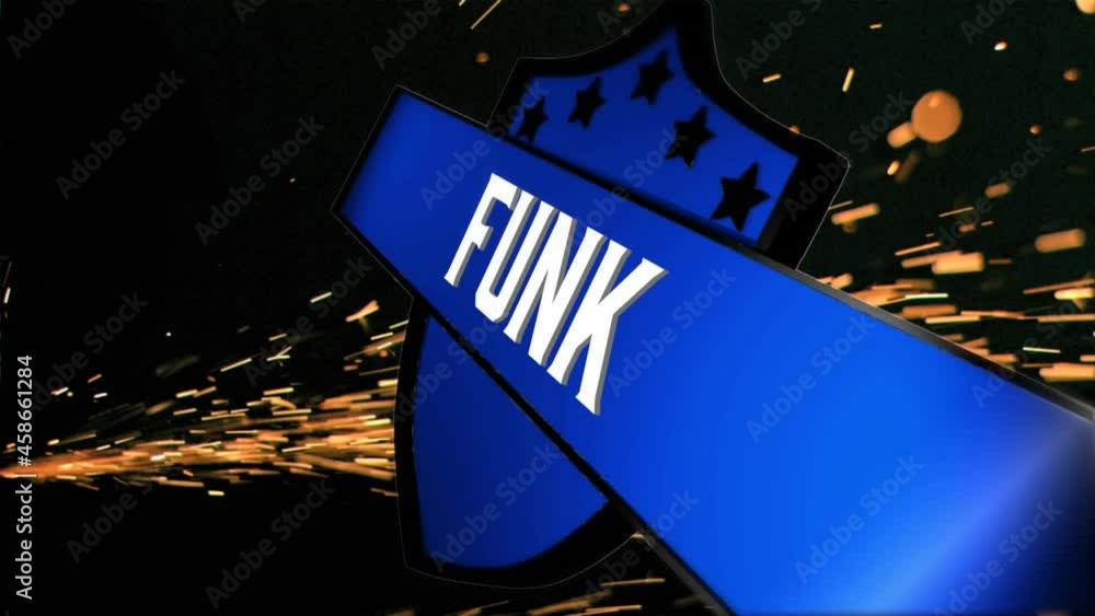 Animation of funk text on shield over fireworks on black background ...