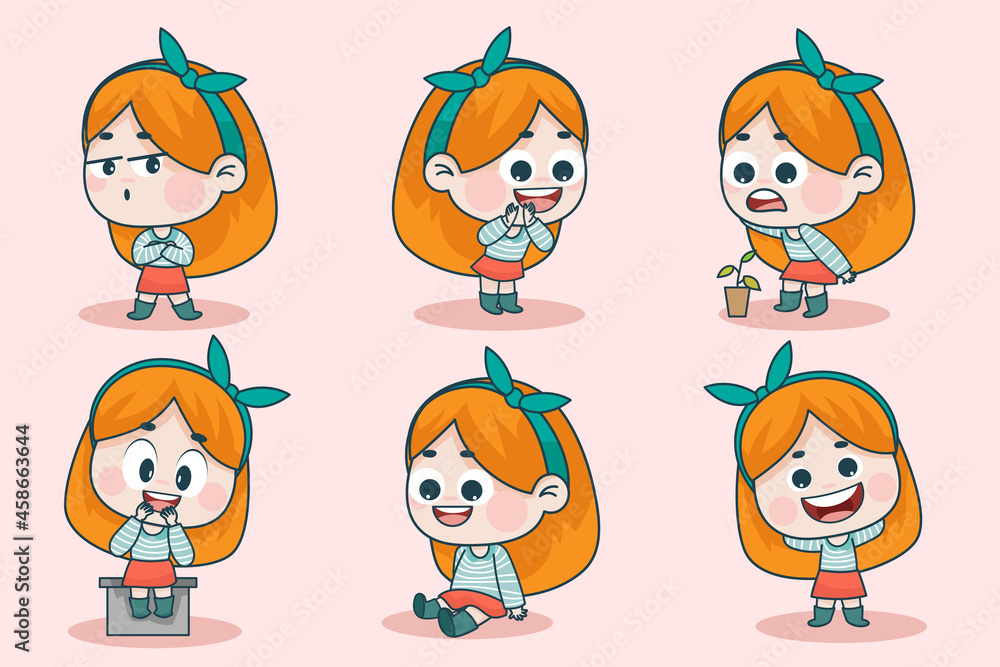 Young smart girl character with different facial expression and hand ...