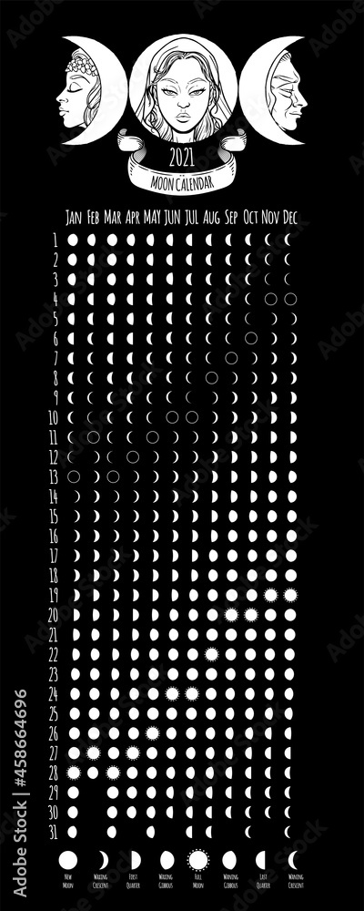 Moon calendar, 2021 year, lunar phases, cycles. Design illustrated with ...