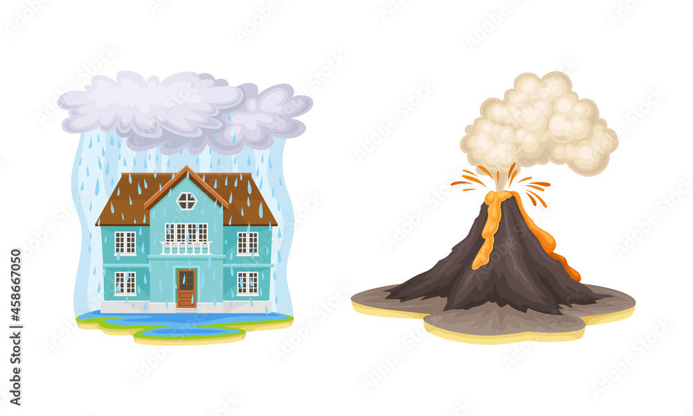 Natural disasters set. Flood and volcano eruption cartoon vector ...