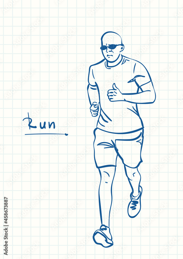 Running man, Blue pen sketch on square grid notebook page, Hand drawn ...