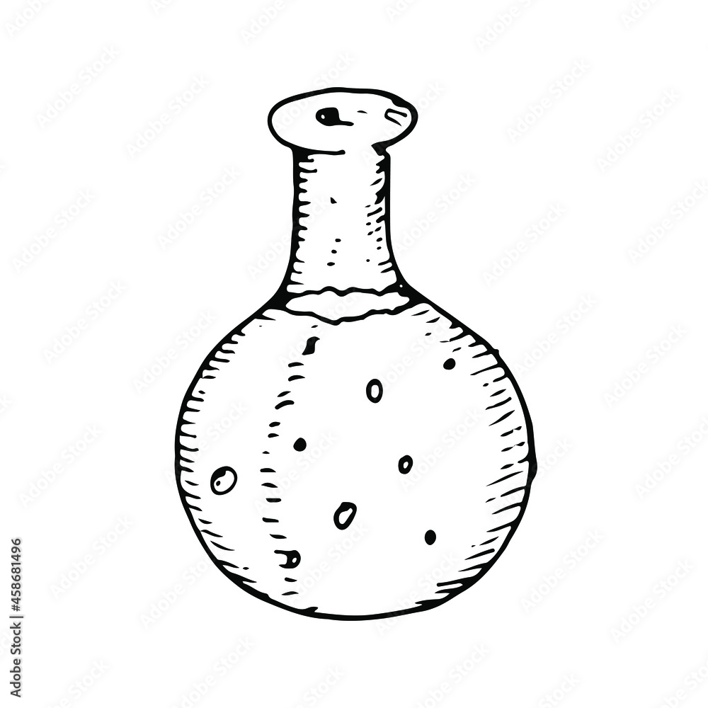 Flask with a potion. Vector illustration. Isolated on white. Hand-drawn ...
