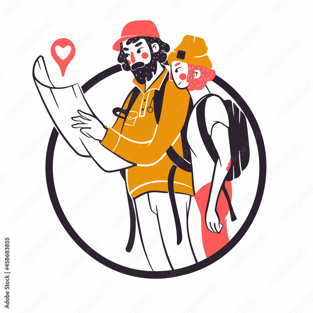 Boy and girl looking at the map. Travelers. The couple is looking for ...