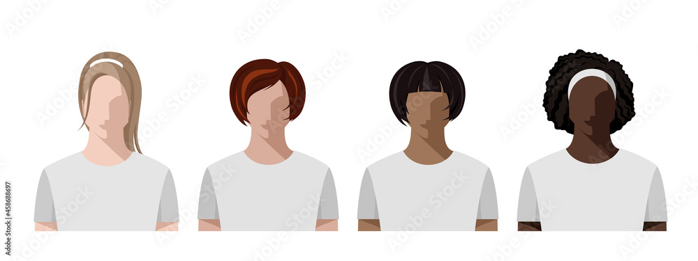Young women, girls of different races, skin colors and hair in white T ...