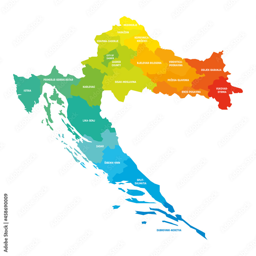 Colorful political map of Croatia. Administrative divisions - counties ...