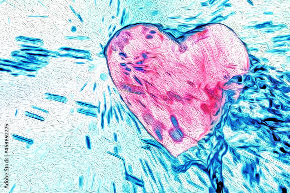 Digitale Ölfarbe: Rotes Herz wird seitlich von Wasserstrahl getroffen ...