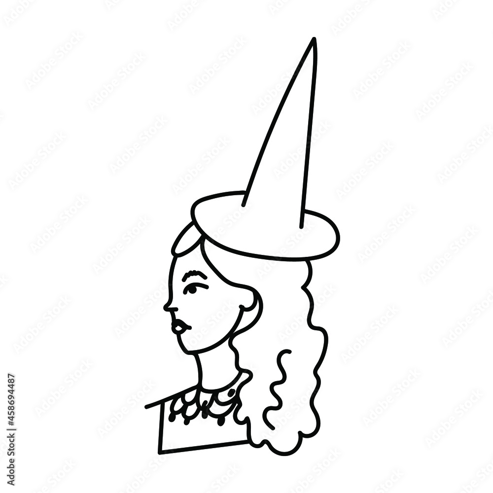 Vector Witch for Halloween with black line on white background doodle ...