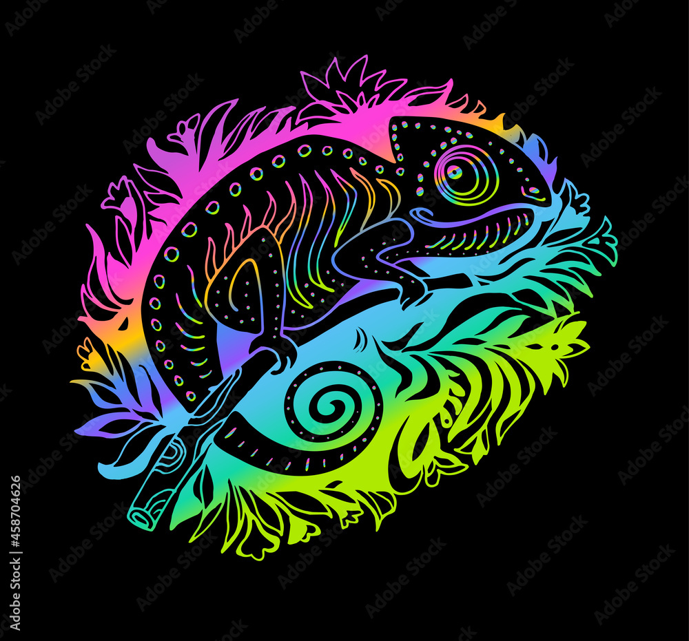 Doodle Rainbow Stylized Chameleon Isolated on Black Background. Hand Drawn Reptile Vector ...