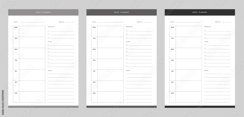 (Black) 3 Set color minimalist planners. Weekly planner template. Clear ...