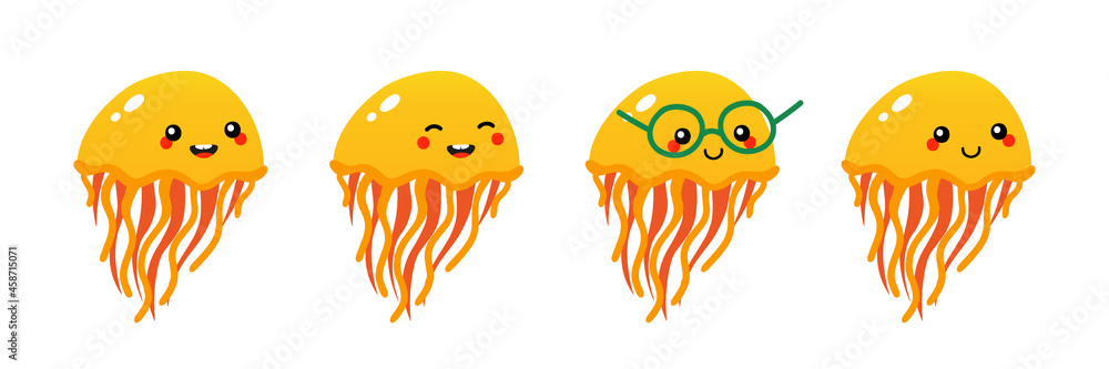 Set, collection of cute and smiling cartoon style yellow jellyfish ...