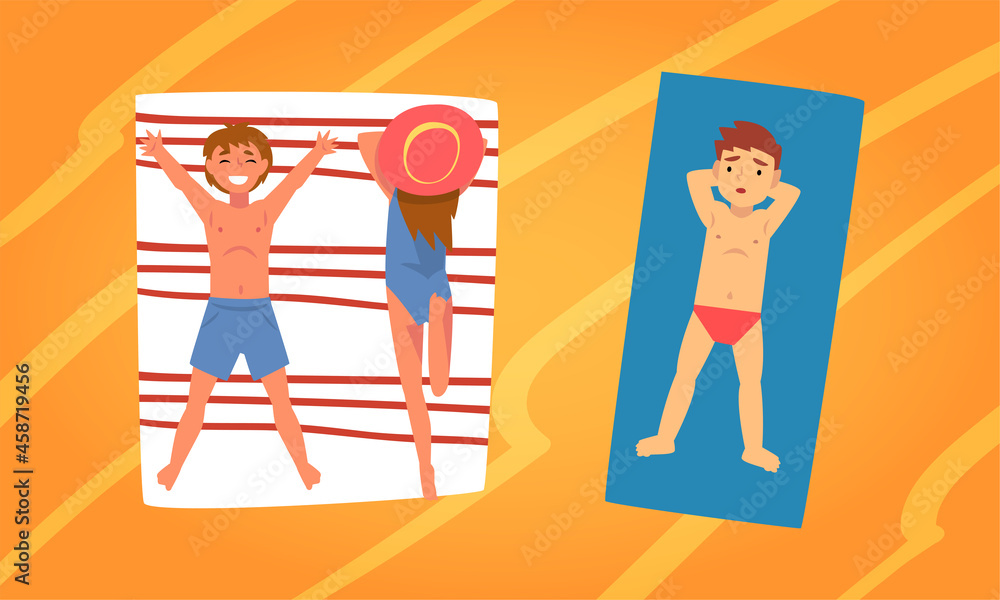 People Character Sunbathing Lying on Blanket at Sandy Beach Enjoying ...