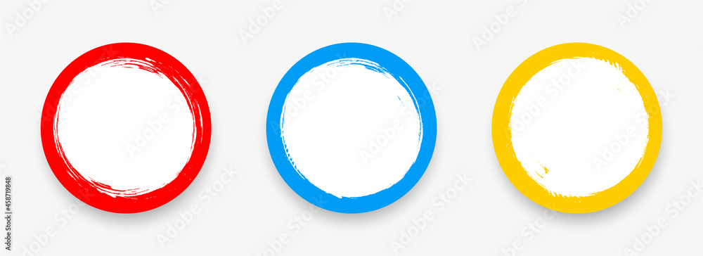 Set of red, blue and yellow round frame design element. Minimal brush ...