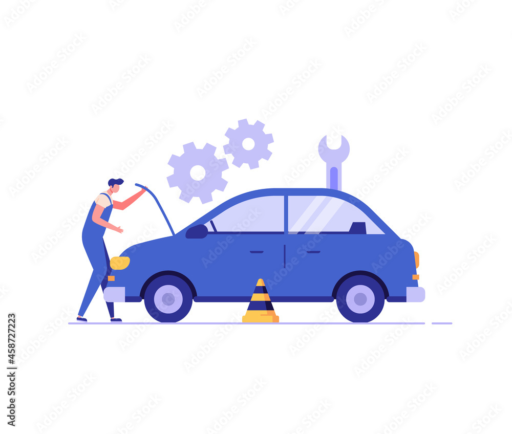 Auto mechanic repairing and checking the broken car with a wrench in a ...