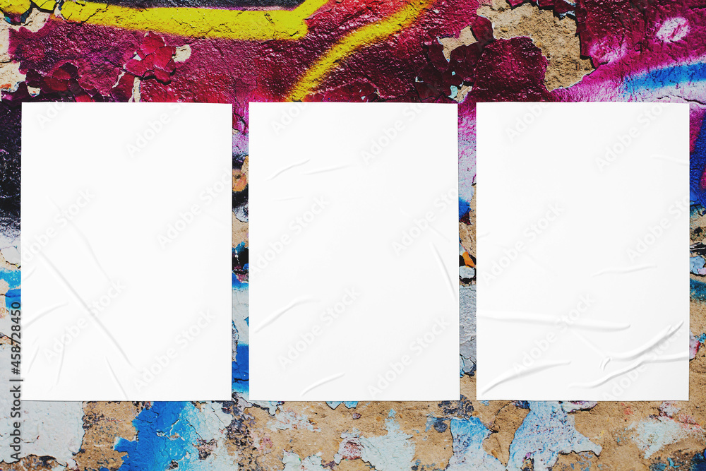 Closeup of colorful messy painted urban wall texture with three ...