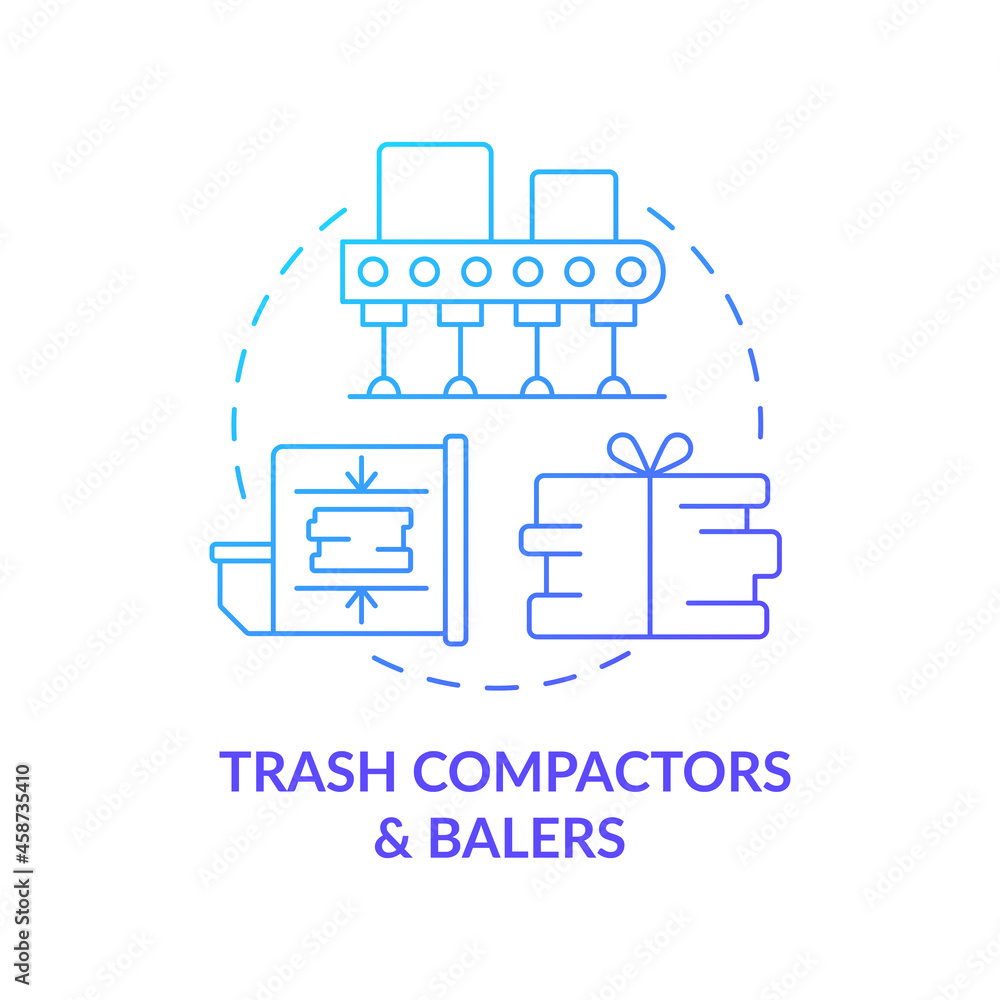 Garbage compactors, balers concept icon. Waste, trash processing ...