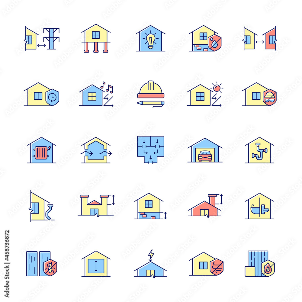 Building safety requirements RGB color icons set. Remodeling house ...