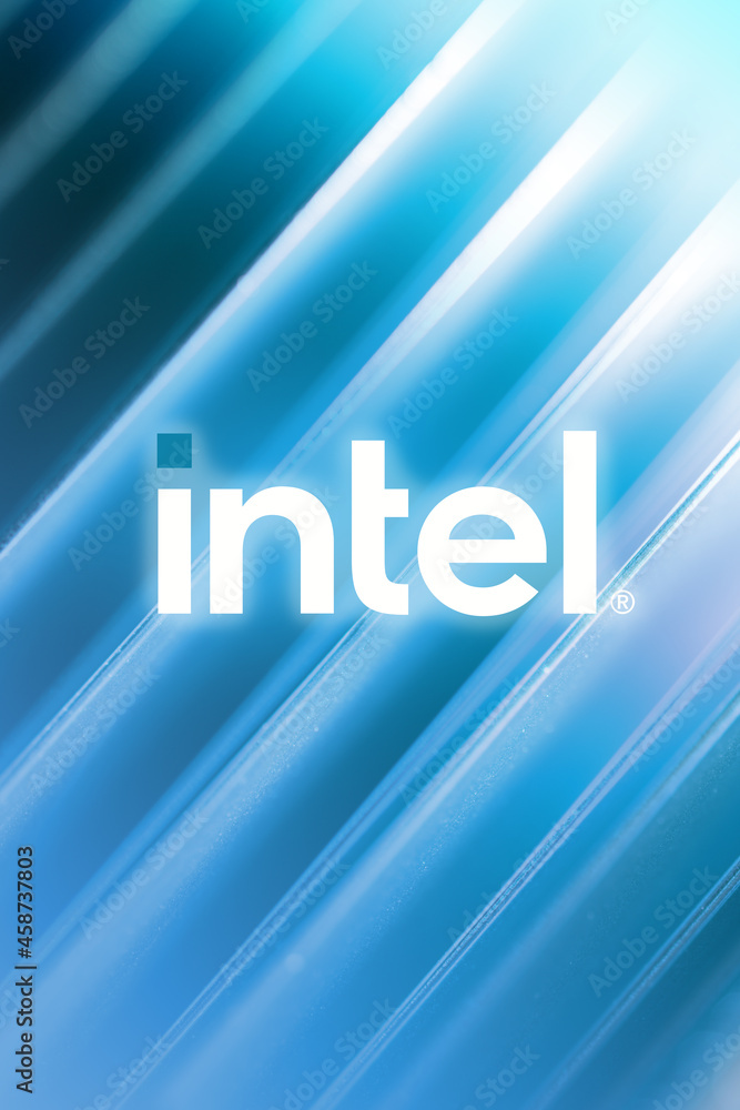 Intel logo on cool blue metallic futuristic abstract background Stock ...