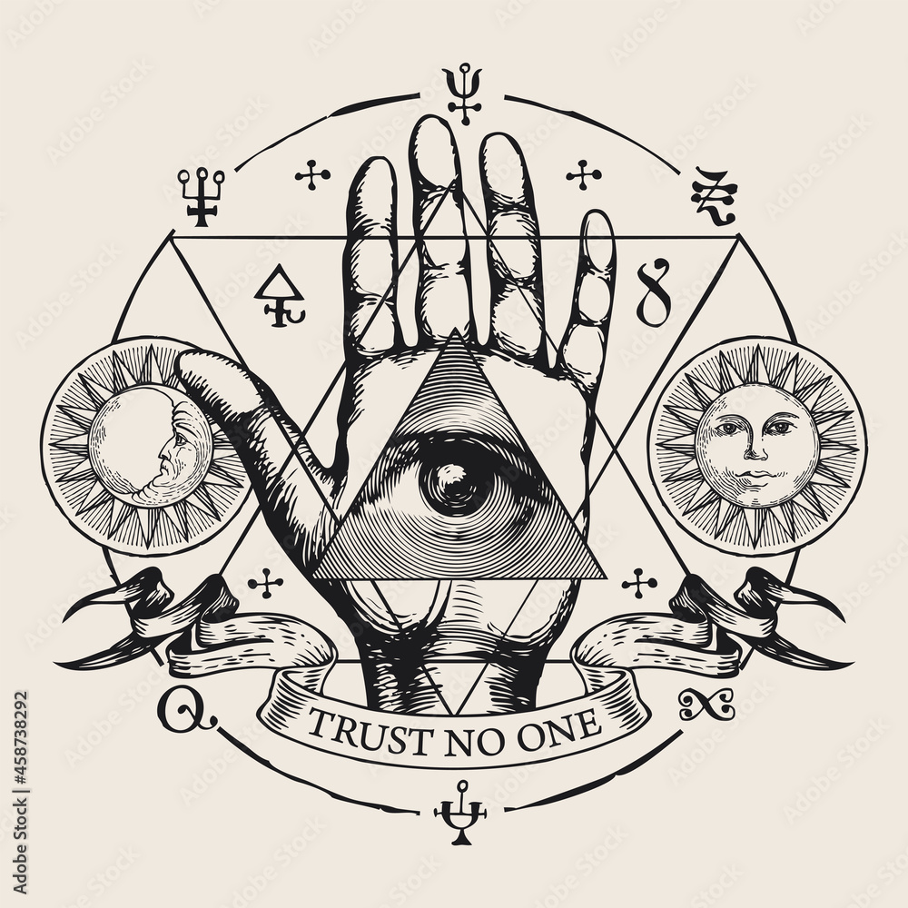 Hand-drawn round vector emblem with all-seeing eye of God on an open ...