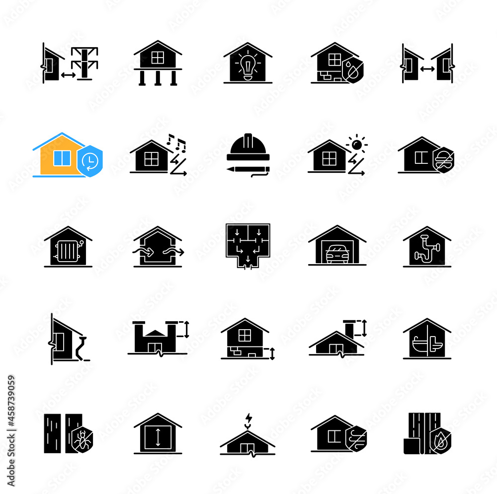 Building Safety Requirements Black Glyph Icons Set On White Space building-safety-requirements-black-glyph-icons-set-on-white-space
