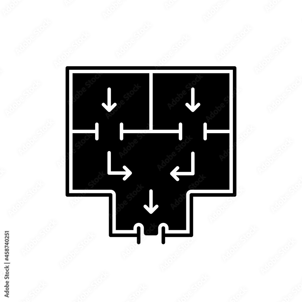 Means to vacate building black glyph icon. Planning apartment building ...